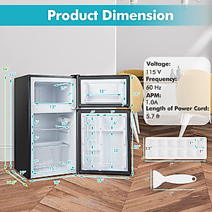 PETSITE Compact Refrigerator, 3.2 Cu.Ft. Stainless Steel Mini Fridge with 5 Temperature Settings, Reversible Door, Unit 2-Door Small Freezer Cooler for Dorm, Office, Apartment