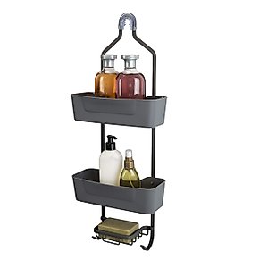 Bath Bliss Tier Aluminum Hanging Caddy, Head, with Loofah Hooks, Soap Dish, Holds Large & Small Bottles, Shower Organization, Toiletries, in Grey