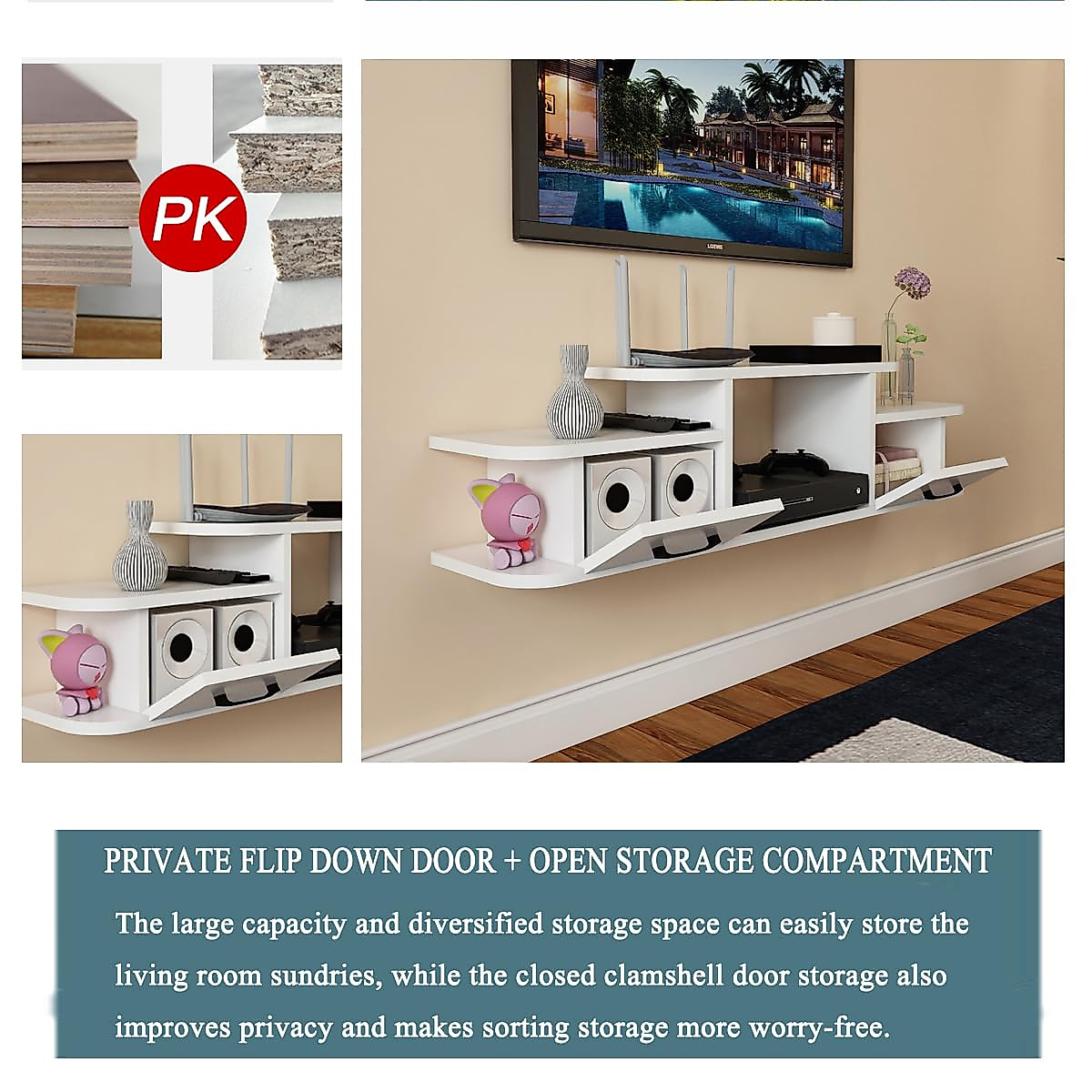 BiJun Floating TV Shelf, Floating TV Stand Wall Mounted Entertainment Center Media Console Router DVD Shelf for One/PS4/Cable Box/DVD Players/Game Console Streaming Media Equipment