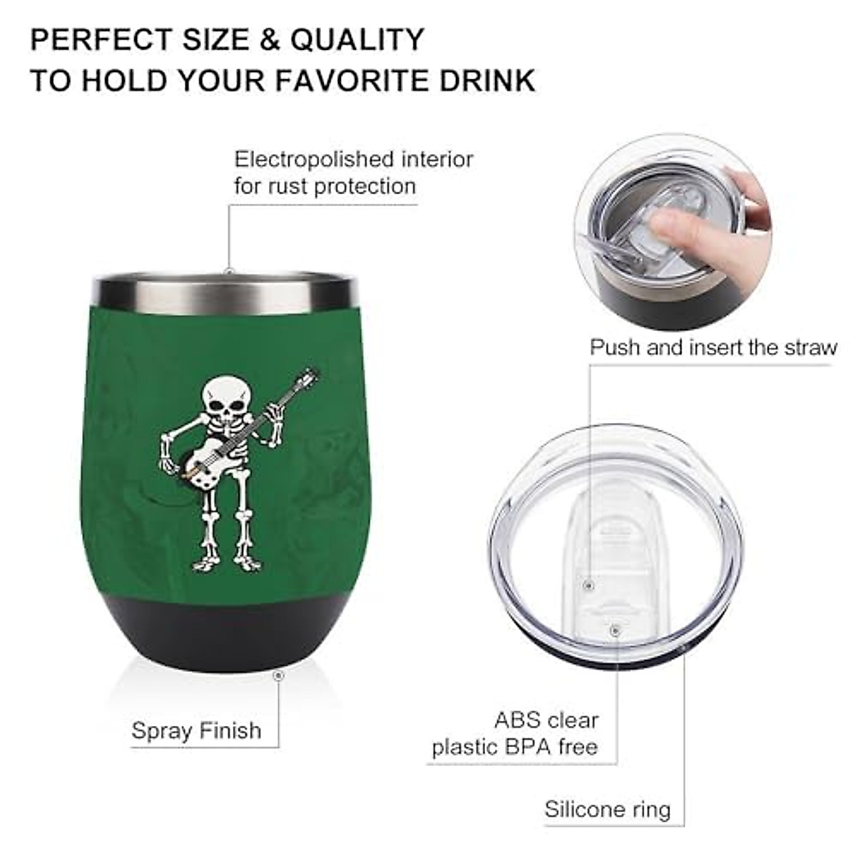 OPTKSNCU 304 Stainless Steel Insulated Cup with Lid, Skeleton Playing Guitar Print Durable, And Easy to Clean – Ideal for Home, Office, And Gift Giving