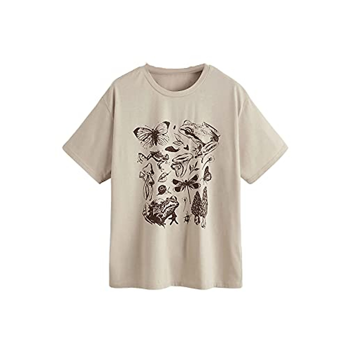SOLY HUX Women's Graphic Letter Print T Shirt Short Sleeve Tee Top Khaki Mushroom Butterfly S
