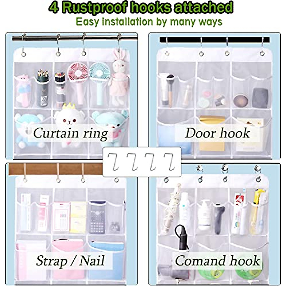 MISSLO Mesh Shower Organizer Hanging 15 Pockets Over the Door Bathroom Storage, Extra Large Capacity for Toiletry Accessories, White