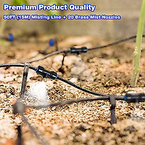 Hourleey 50 Ft Mister System, Outdoor Misting Cooling System with 50 Feet Misting Tube, 20 Brass Mist Nozzles and 3/4" Brass Adapter for Garden Patio Greenhouse and Trampoline