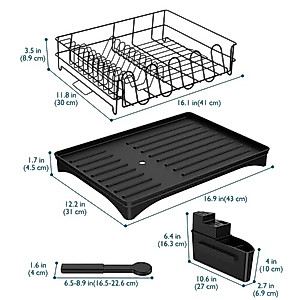 YASONIC Dish Drying Rack with Drainboard Small Stainless Steel Dish Drainer with Swivel Spout - Dish Racks for Kitchen Counter- Rustproof Dish Rack with Removable Utensil Holder - Black