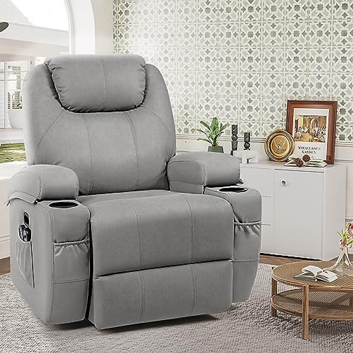 JUMMICO Power Lift Recliner Chair with Heat and Massage for Elderly Faux Leather Modern Reclining Sofa Chair with Cup Holders, Remote Control, Adjustable Furniture (Light Gray)