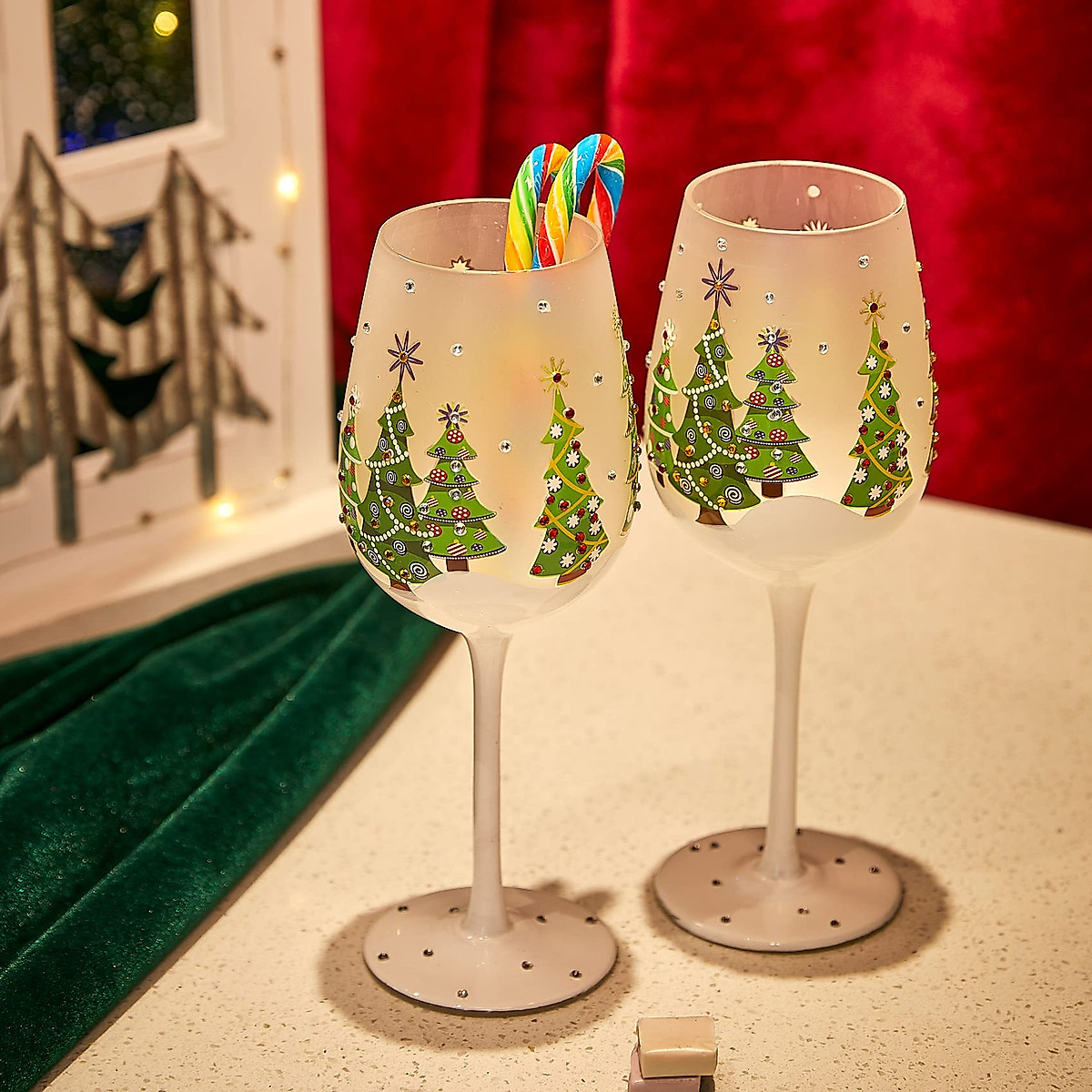 Winter Birthday Themed Stemmed Wine & Water Glasses - Set of 2 - Shining Holiday Red Green Yellow Silver, Holidays Parties Glassware - Xmas Tree - Set of 2, 17.5oz - New years Eve Festive Glass