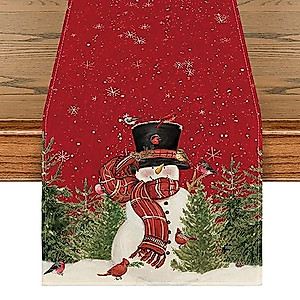 Artoid Mode Snowman Christmas Birds Trees Table Runner, Seasonal Winter Xmas Holiday Kitchen Dining Table Decoration for Indoor Outdoor Home Party Decor 13 x 72 Inch