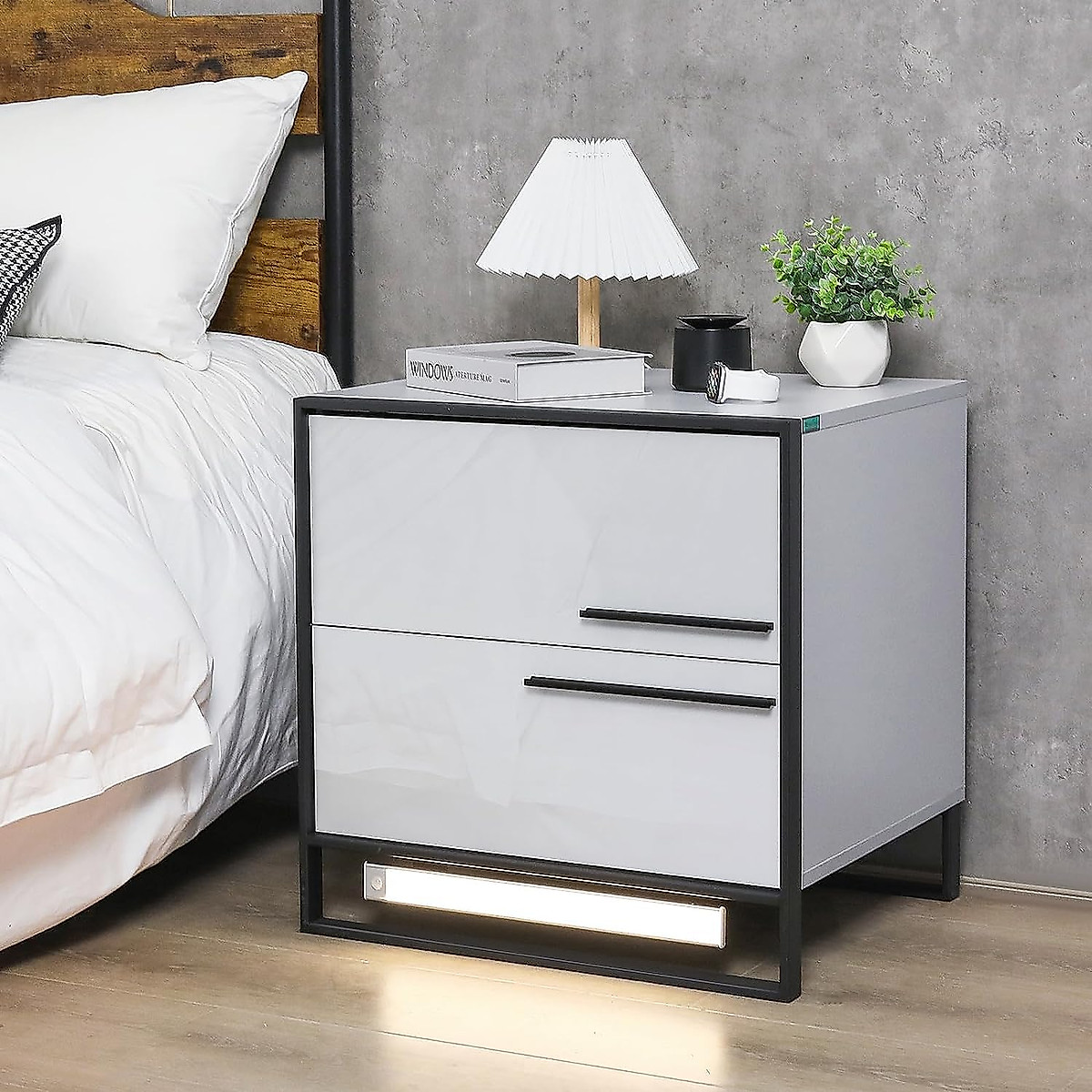 HOMMPA Nightstand with Auto Led Light Grey Night Stand with Infrared Sensor Lights 3 Colors Adustable Brightness Led Bedside Table with Metal Frame 2 Drawers High Gloss Modern Night Stand for Bedroom