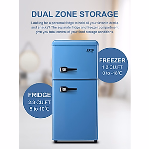 KRIB BLING 3.5 Cu.Ft Refrigerator 2 Door 7 Level Adjustable Thermostat Control Top-Freezer Refrigerator Lock Fresh Energy Saving Blue