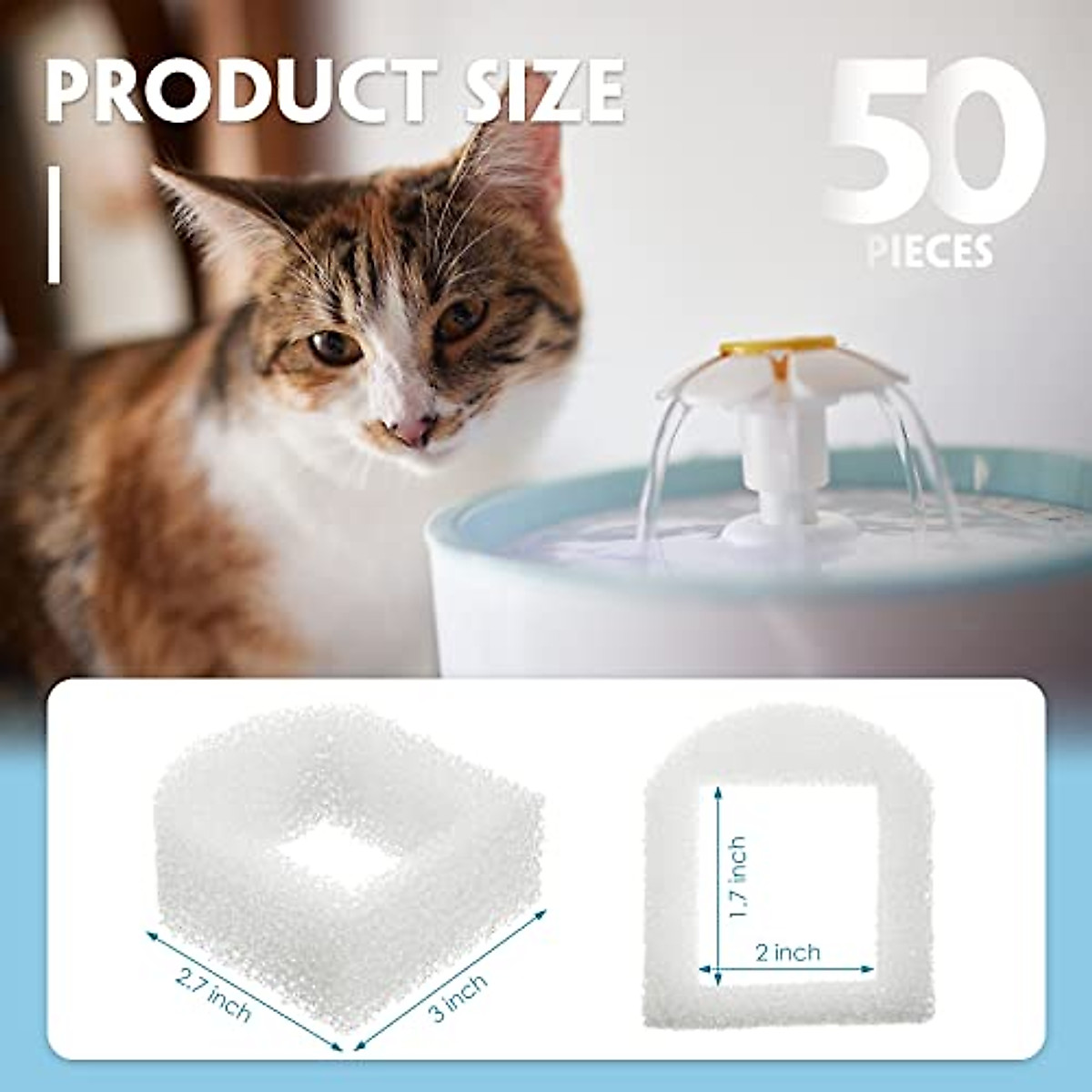 50 Pieces Pet Fountain Filter Cat Replacement Foam Filters Replacement Fits for Pet Fountain Filters Multiple Pet Fountain Foam Filters Cat and Dog Fountain Foam Filters
