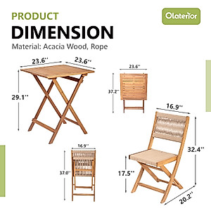 Olaterior 3 Piece Acacia Wood Patio Bistro Set, Outdoor Folding Bistro Table and Chairs Set of 2, Small Rope Conversation Set, Patio Furniture for Apartment Balcony Deck Porch, Beige