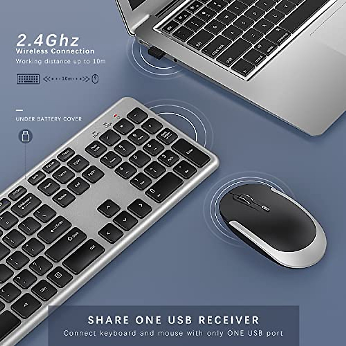 TechGround Wireless Keyboard and Mouse Combo, 2.4GHz Ultra Thin Full Size Wireless Keyboard Mouse Set for Laptop, PC, Desktop, Windows 7, 8, 10, Black and Silver