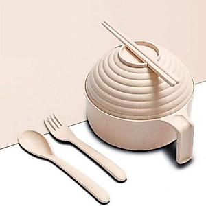 Hemoton Cereal Bowl Rice Bowl Noodle Bowl with Lid and Handle Wheat Straw Noodle Bowls with Wheat Straw Fork Chopsticks Spoon for Ramen Cereal Soup Salad Ramen Cooker Snack Set