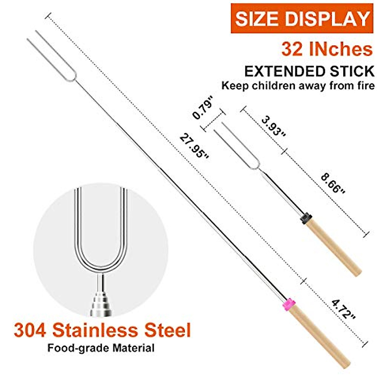 Marshmallow Roasting Sticks Wooden Handle Set of 12 Smores Skewers Telescoping Forks 32 inch Telescoping Smores Skewers for Campfire, Firepit, and Sausage BBQ with Portable Bag & 20 Bamboo Skewers