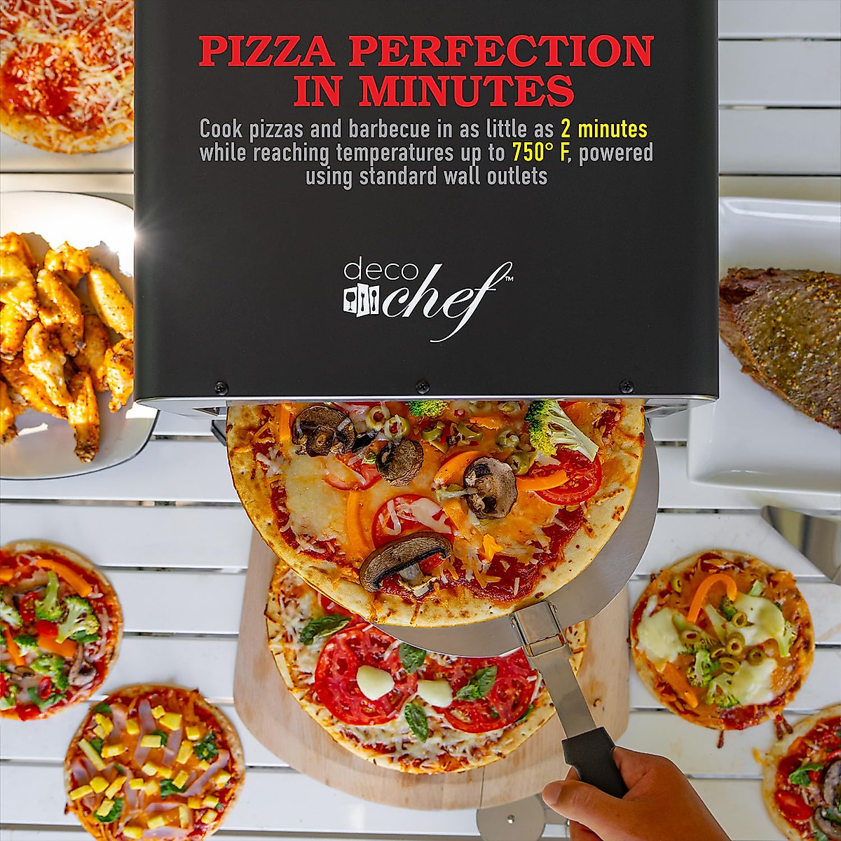 Deco Chef Electric Pizza Oven, 12-Inch Ceramic Stone and Grill, 1800W, Bakes up to 750 Degrees for Countertop Artisan Style Pizza, 13" Double Wall Stainless Steel, Indoor & Portable Outdoor Pizza Oven