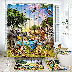 Funny Wild Animal Shower Curtain Sets with Memory Foam Bath Mat, Non-Slip Bath Rugs and Toilet Lid Cover, Kids Jungle Nature Shower Curtains for Bathroom with Hooks, Lion Tiger Elephant Bathroom Set