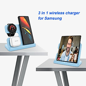 Charging station for Samsung,OVISBAI 3 in 1 wireless charger for Android Samsung Galaxy Z Fold5 /Z Flip5/S24 S23 Ultrl/S22 Ultra/S23/Z Fold 4/Flip 4/S22,Galaxy Watch 6/6 classic/5/5 Pro/4(Sky Blue)