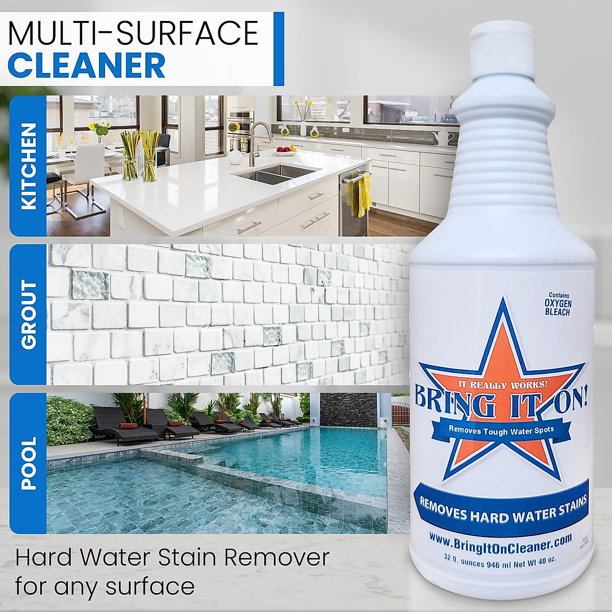 Bring It On Cleaner Water Spot Remover Plus 2 Drill Brushes, Clean Tile, Cleaning Drill Scrub Brush, Cleaning Brush for Drill, Drill Brush Attachment (32 oz)