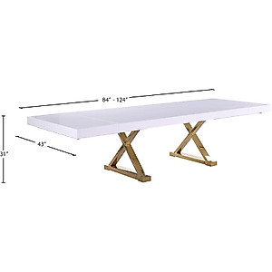 Meridian Furniture 994-T Excel Collection Modern | Contemporary Extendable 2 Leaf Dining Table with Durable Stainless Steel Base, 84"/123.5" W x 43.25" D x 31" H, White