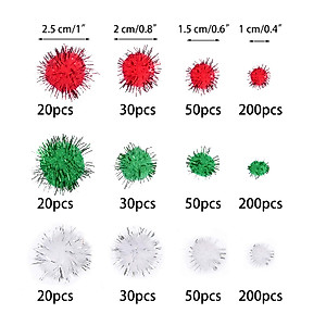 Livder Christmas Pom Poms Pompoms Red Green White Glitter Fluffy Balls, DIY Art Crafts Decorations Supplies (4 Sizes, 900 Pieces)