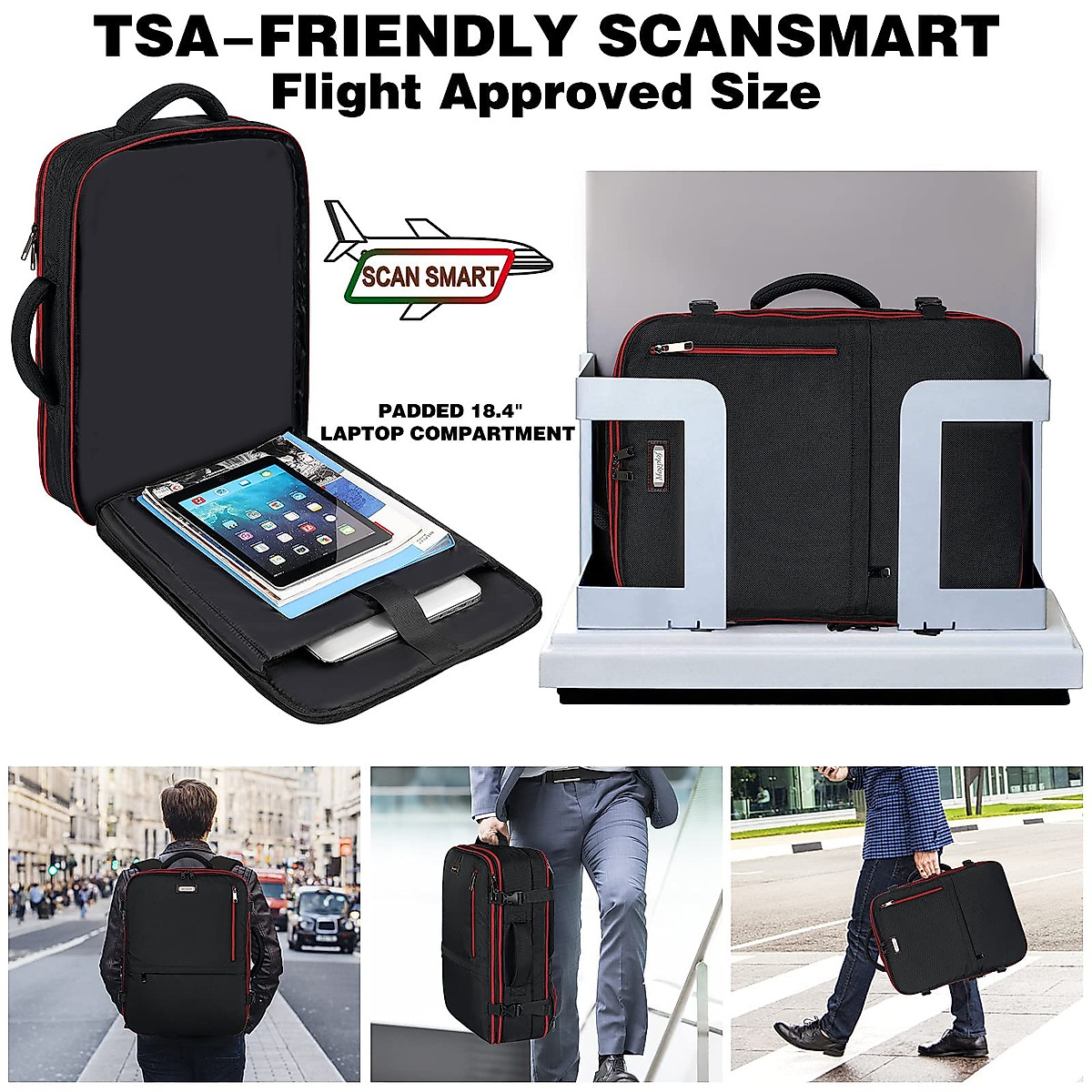 Carry on Backpack, Airline Flight Approved Travel Backpack for Women Men, 40L Extra Large Expandable Water Resistant Luggage Backpack Lightweight Daypack Perfect Fit for 17 17.3 Inch Laptop, Black