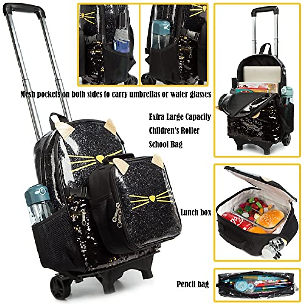 Egchescebo School Bags Kids Rolling Backpack for Girls Luggage Suitcase With Wheels Trolley Wheeled Backpacks for Girls Travel Bags 3PCS Girls Cat Backpack With Lunch for kids Black Bags