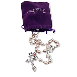 Nazareth Store Pink Pearl Beads Rosary White Flowers Beaded Necklace Lourdes Medal & Cross Crucifix