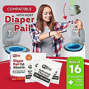 VZee Diaper Pail Deodorizer, Pack of 16, with Plastic Case, Compatible with Munchkin Diaper Pail, Diaper Pail Odor Eliminator, Charcoal Odor Absorber for Shoes, Drawers, Changing Tables and Bins