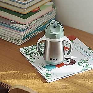 Beaba Stainless Steel Sippy Cup, Straw Sippy Cup with Handles, Toddler Sippy Cups, Baby Sippy Cup, Insulated Cup, Insulated Cup, 8+ mths, 8.5 oz, Sage