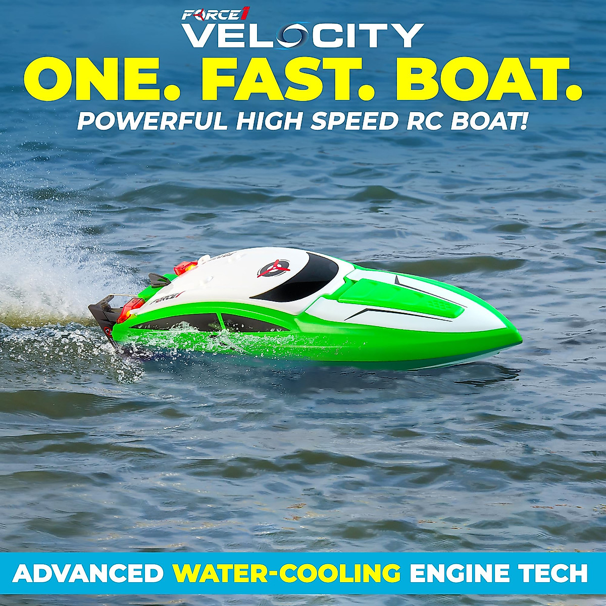 Force1 Velocity Green Fast RC Boat- Remote Control Boats for Adults and Kids, Underwater Speed Racing Mini RC Toy for Pools and Lakes, 2.4GHZ Transmitter, 2 Rechargeable Batteries, Low Battery Alert