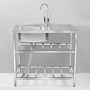 Commercial restaurant sink, stainless steel outdoor sink, freestanding utility sink with faucet and double shelf for bar, restaurant, kitchen, hotel, home, workshop, sink (Size : 75 * 40cm/30 * 16in)