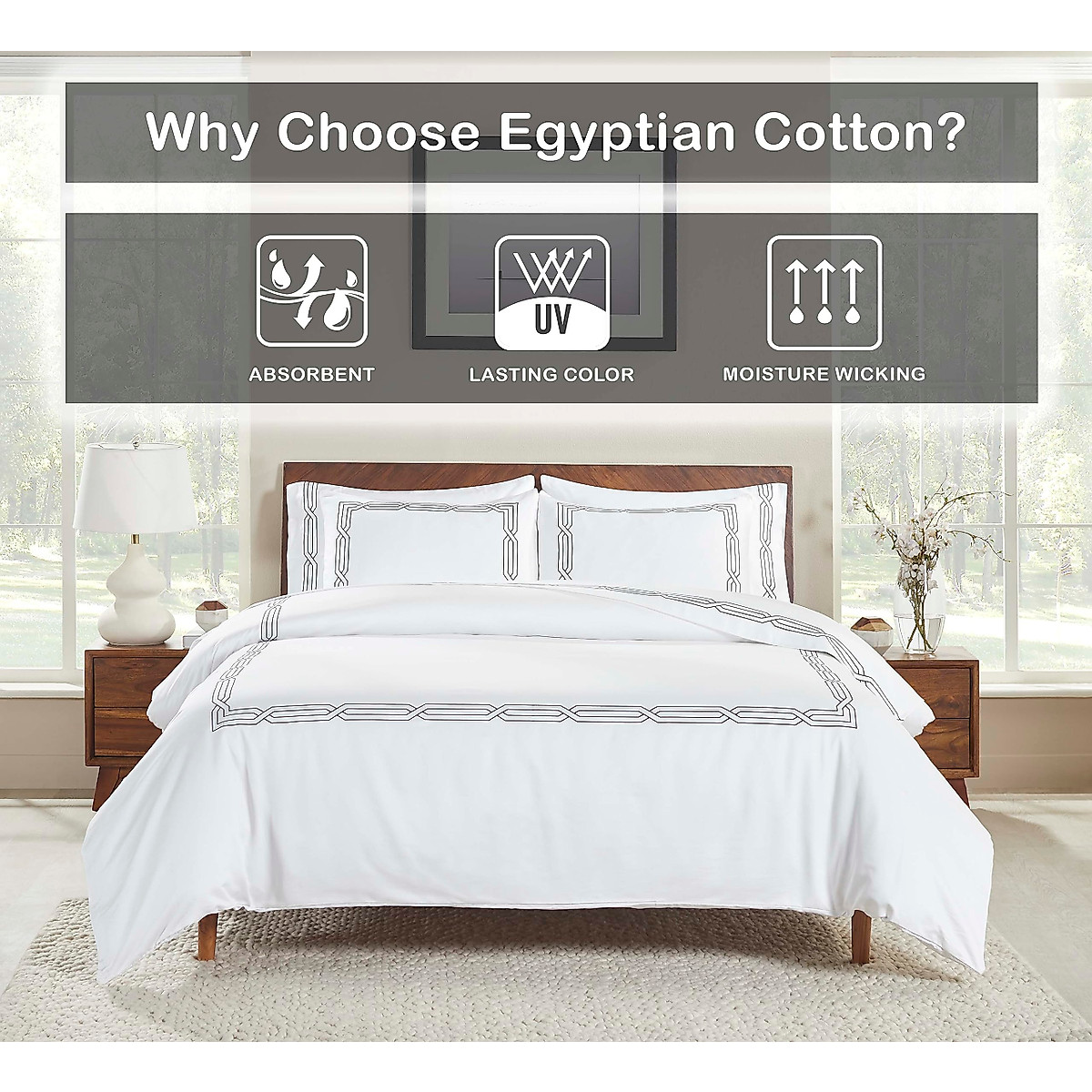 BNM Egyptian Cotton Duvet Cover Set, 1200 Thread Count, Hidden Button Closure, Soft Bedding Basics, 1 Duvet Cover, 2 Pillow Shams, Solid, Geometric Scroll Embroidery, Full/Queen, White-White