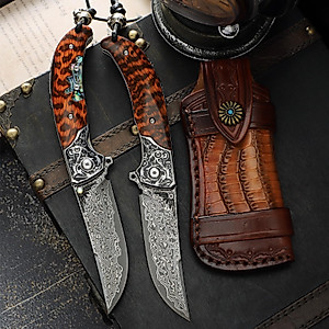 ALVELY Handmade Folding Pocket Knife, 3.6in Straight Alloy Steel Blade, Snake Lines Wood Handle, Liner Lock, with Leather Sheath, EDC Unisex Adult Knife