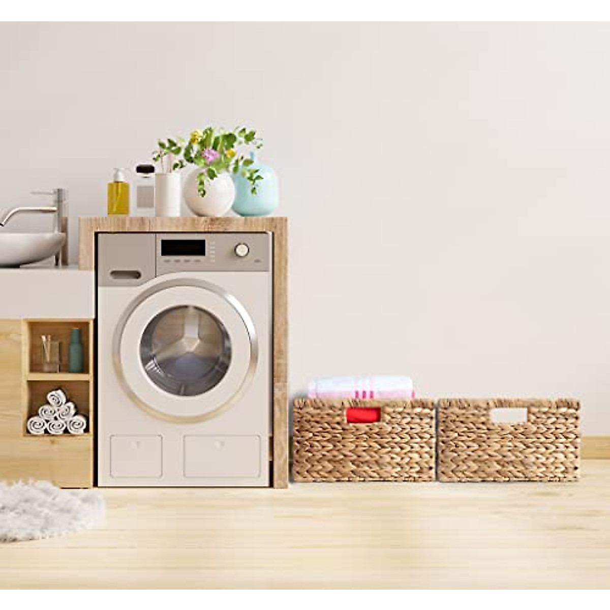 BARIEN 14.5” x 13.5” x 8” (Set of 3) Natural Water Hyacinth Storage Baskets, Rectangular Wicker Basket with Built-in Handles, Large (Natural - Set of 3)