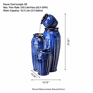 Glitzhome 27.25" H Outdoor Garden Water Fountain with LED Lights and Pump, 4 Tier Cobalt Blue Embossed Pattern Ceramic Pots Cascading Floor-Standing Fountain for Porch Deck Patio Backyard Decoration