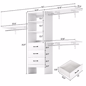 96 Inches Closet System, 8FT Walk In Closet Organizer with 3 Adjustable Shelves & 3 Hang Rods , Heavy Duty Clothes Rack with 3 Drawers, Built-In Garment Rack, 96"L x 16"W x 75"H, Load 1000 LBS, White