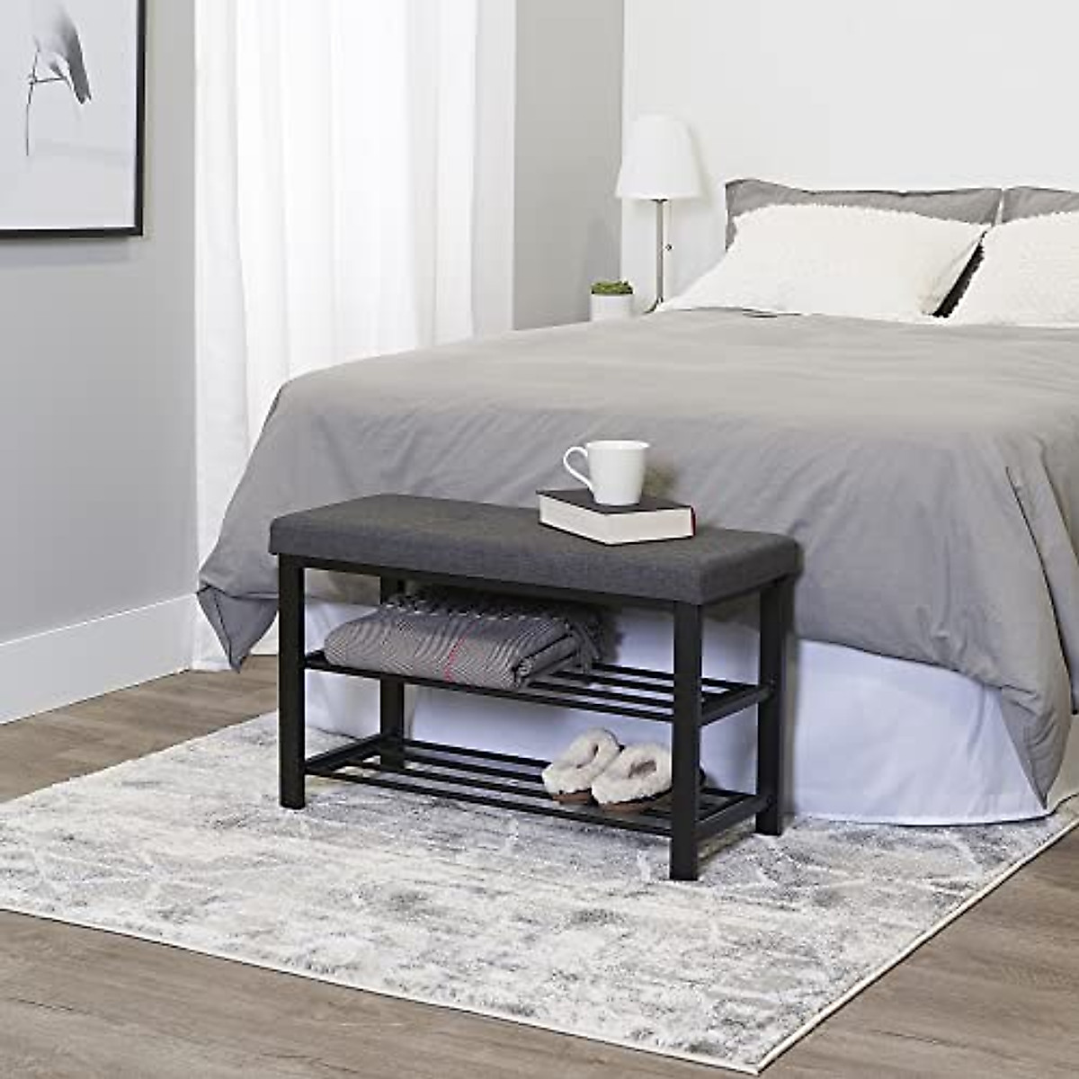 neatfreak Upholstered Storage Bench for Shoes - Double Seat Shoe Bench with Upholstered Fabric Seat Cushion and 2 x Shoe Racks - Perfect for Entryway, Mudroom, Foyer - 12.59" D x 31.89" W x 19.48" H