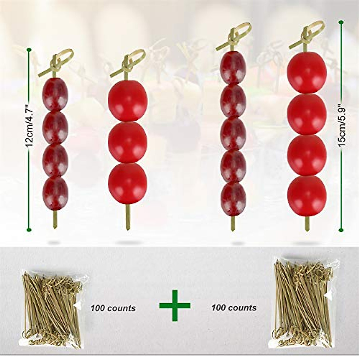 Minisland 200 Pcs Premium Bamboo Cocktail Toothpicks 4.7 and 6 Inch Long Knotted Skewers for Fruit Kabobs, Appetizers, Sandwiches, Drinks -MSL137