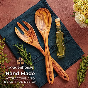 Salad Tongs for Serving, Spoon Salad Utensils Set from Olive Wood, 12 inches Wooden Fork and Spoon for Mixing, Tossing & Cooking
