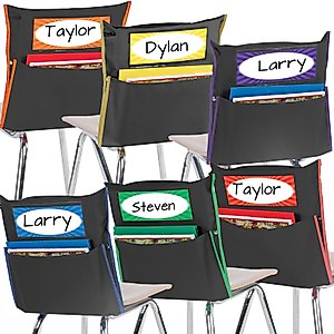 Really Good Stuff Store More Black Grouping Chair Pockets, Classroom Organizing, Black & Color Accents, Premium Canvas Chair Organizer, Student Book Holders, School & Home Storage, 6 pk