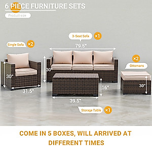 UDPATIO 6 Piece Patio Furniture 7 Seats Wicker Outdoor Sectional, Thick Cushions Patio Couch Chair with Ottoman & Storage Table for Porch, Balcony