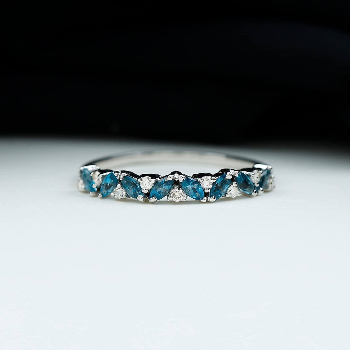 Rosec Jewels London Blue Topaz and Diamond Ring, Alternate Blue Topaz Semi Eternity Ring, 14K White Gold, Size:US 5.50