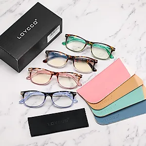 Loycco 4 Pack Computer Reading Glasses Real Blue Coating Lens Anti Blue Light Blocking Anti Eyestrain Flexible Lightweight Square Readers for Women Men With Leather Case