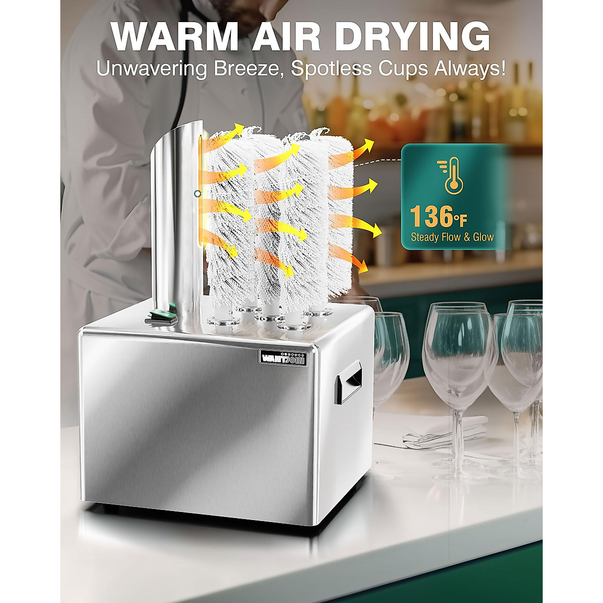 WantJoin Wine Glass Polisher Machine - 5 Brushes 330 Cups/Hour Commercial Electric Automatic Dryer with 304 Stainless Steel, 100% Cotton, 1300W High Power, 136°F Air Drying for Bar Restaurant Kitchen