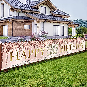Happy 50th Birthday Banner Decorations for Women, Pink Rose Gold 50 Birthday Sign Party Supplies, Large Fifty Year Old Birthday Door Cover Banner Decor