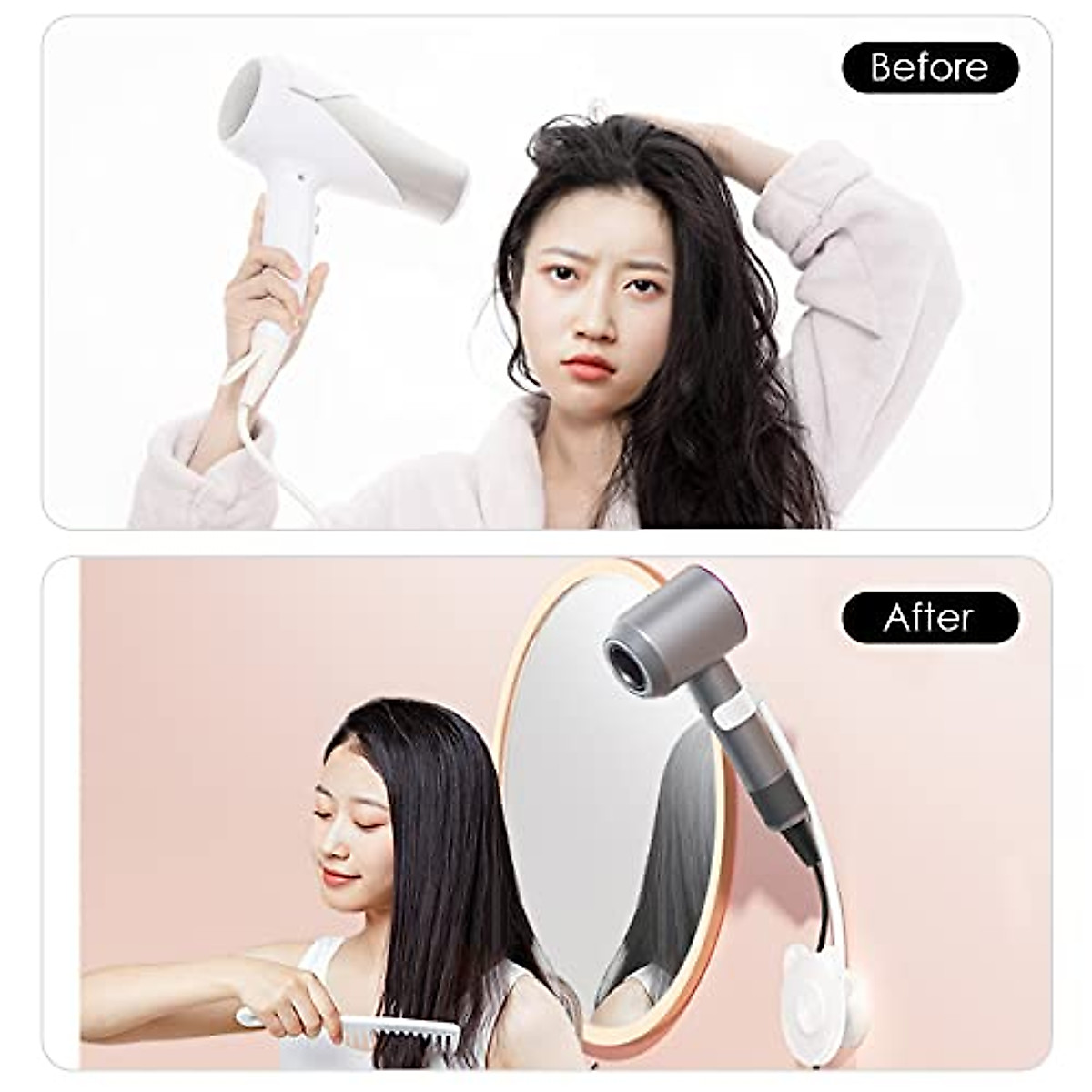 Adjustable Hands Free Hair Dryer Holder Stand - 360 Degree Rotation Blow Dryer Rack for Hair Drying, Universal Modern Wall Mounted Hair Dryer Bracket, White