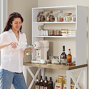 YITAHOME White Microwave Stand Bakers Rack Cabinet, Farmhouse Freestanding Small Kitchen Pantry Hutch Tall w Doors Power Outlet Thickened Counter, Coffee Bar Storage Shelves