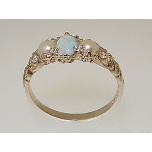 LetsBuyGold 925 Sterling Silver Natural Opal & Cultured Pearl Womens Trilogy Ring - Size 6.75