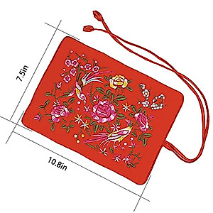 Lidwot 1 Piece Red Embroidery Flower and Bird Silk Brocade Jewelry Roll Bag,Travel Jewelry Organizer Bag with Ribbons Tie Close