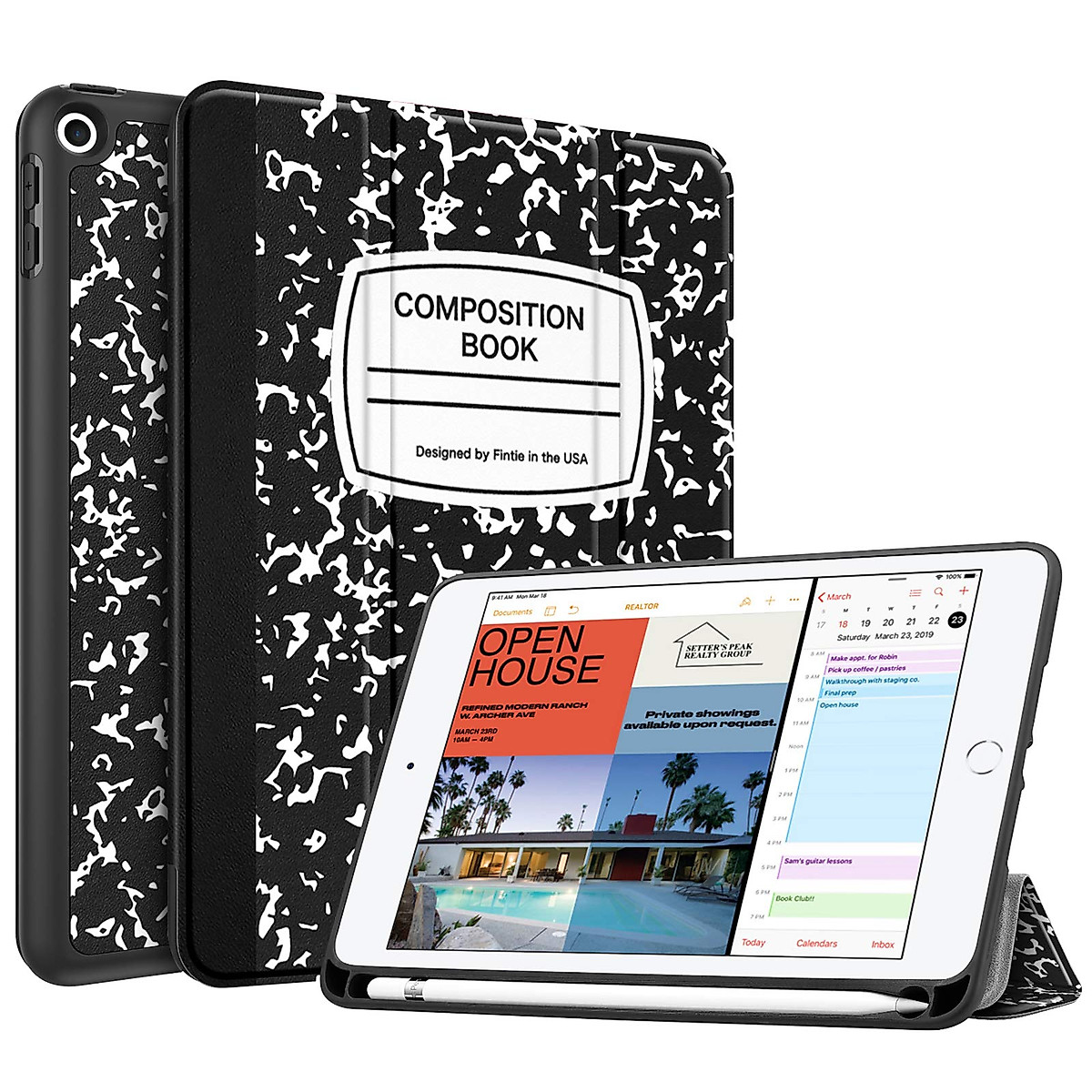 Fintie Case with Pencil Holder for iPad Mini 5 2019 - [SlimShell] Lightweight Soft TPU Back Protective Smart Stand Cover with Auto Wake/Sleep for iPad Mini 5th Generation 7.9", Composition Book Black